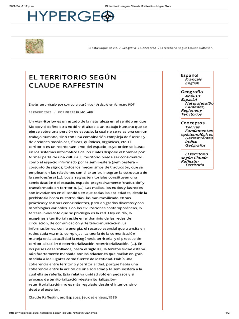 El Territorio en Claude Raffestin | PDF | Espacio | Geografía