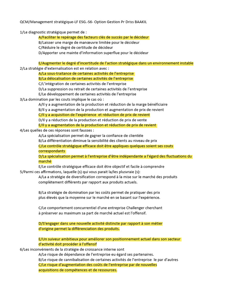 QCM Management Stratégique S6 | PDF | Gestion stratégique | Business