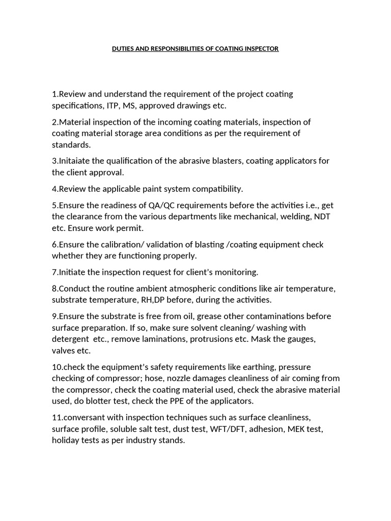 Coating Inspector Duties Overview | PDF