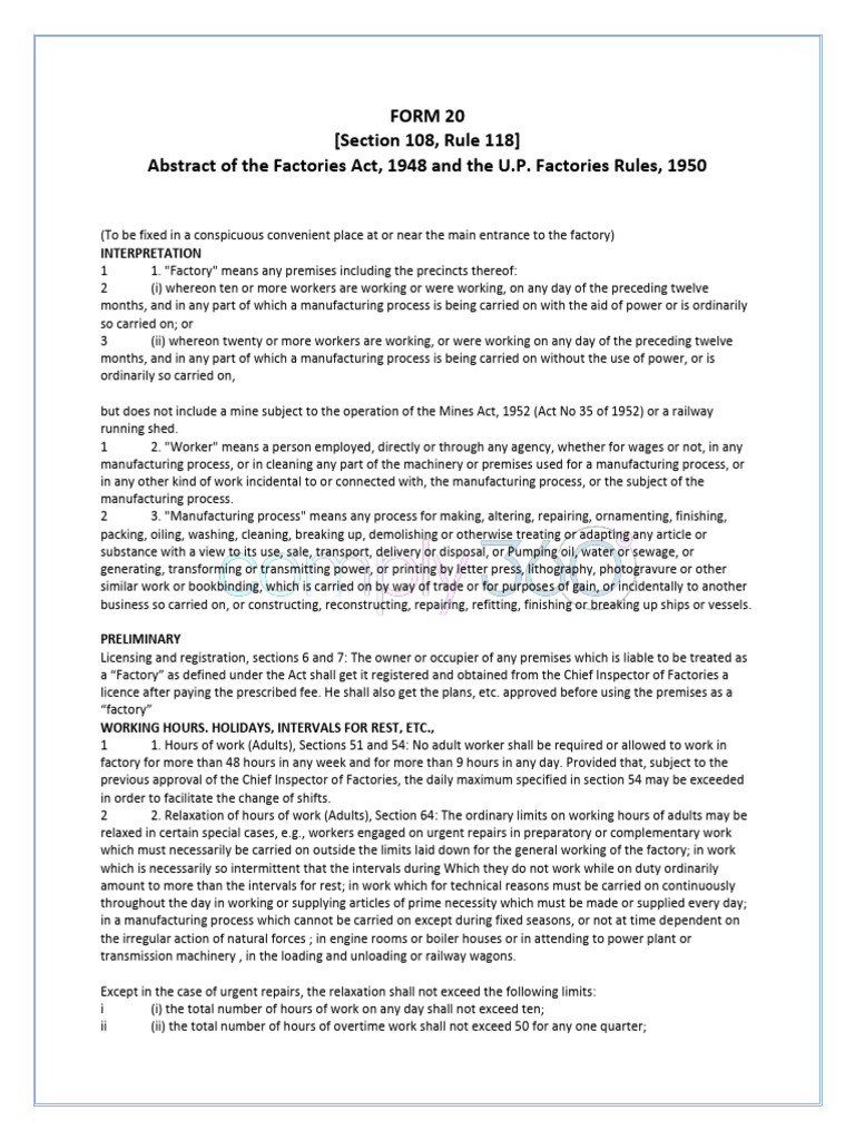 Factories Act & U.P. Rules Summary | PDF | Overtime | Working Time