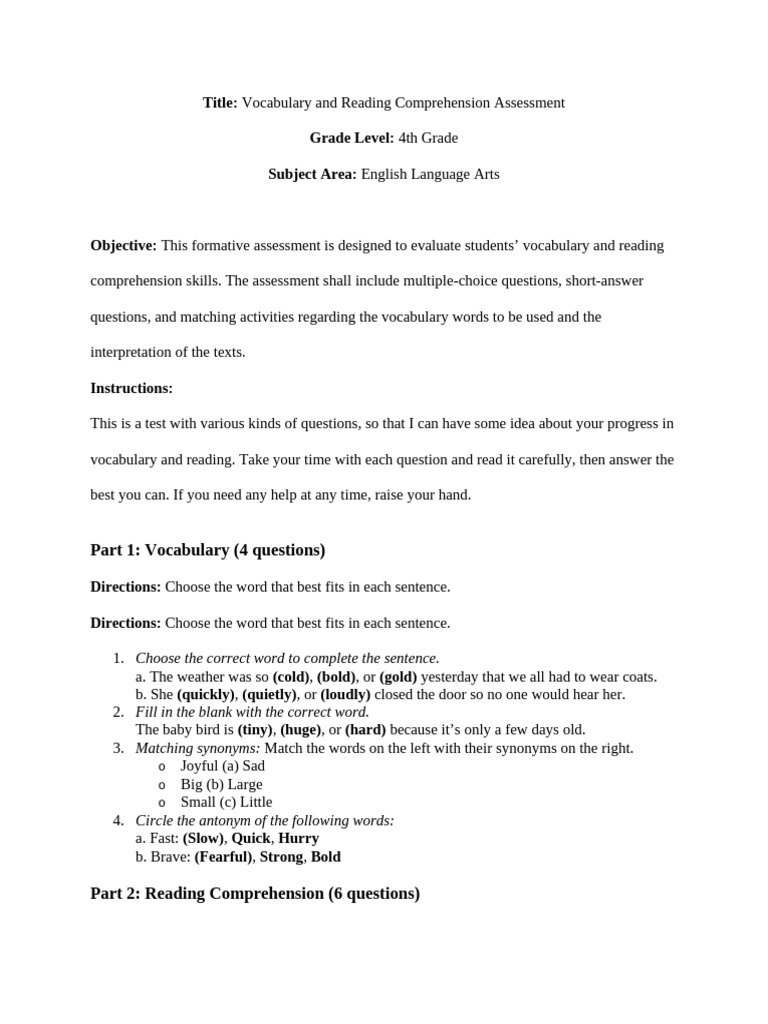 Formative Assessment | PDF | Reading Comprehension | Vocabulary