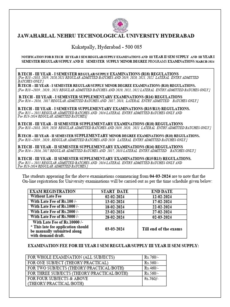 JNTUH Notification - For - BTech - BPharm 3-1, 3-2 Exams Feb 2024 | PDF | Vocational Education ...