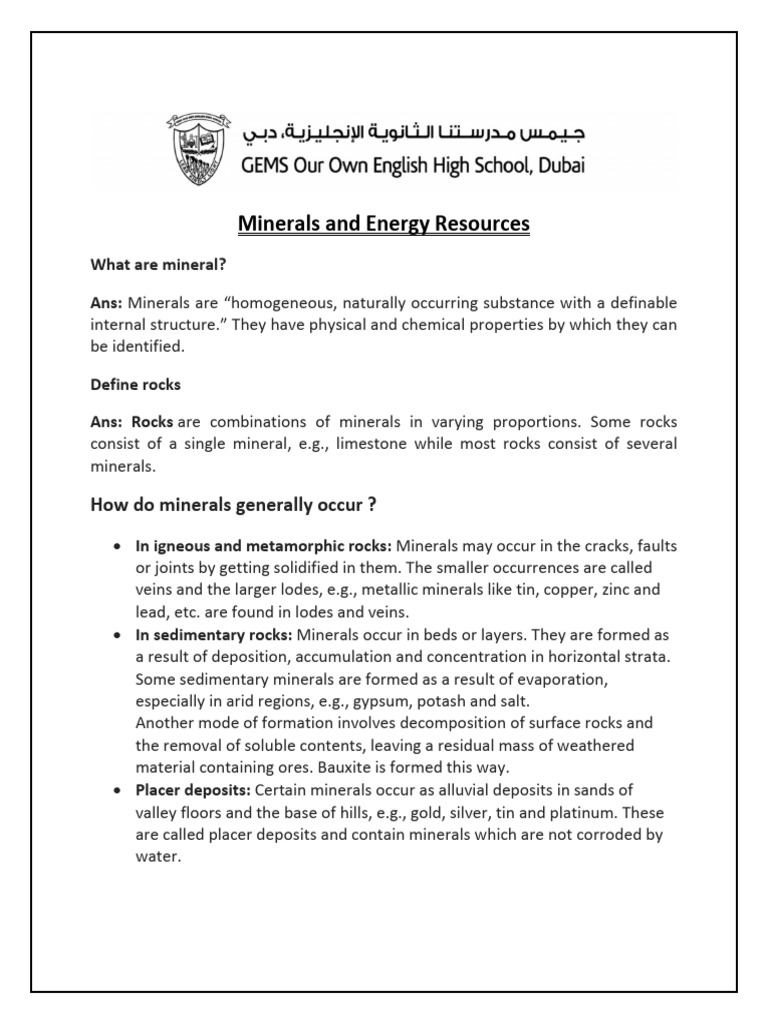 Minerals and Energy Resources Key Notes | PDF | Coal | Ore