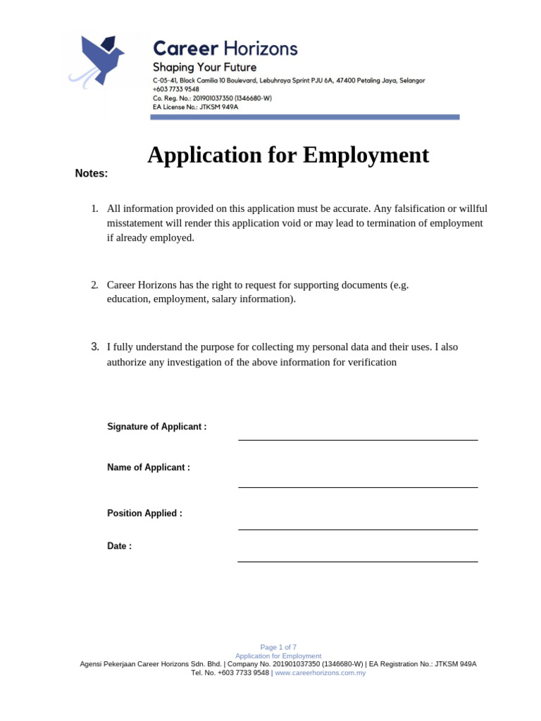 Career Horizons - Application Form | PDF | Employment | Legal Liability