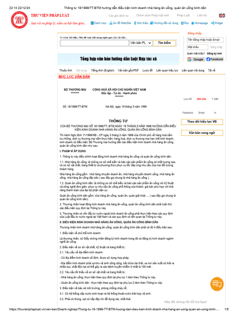 Thông tư 18_1999_TT-BTM hướng dẫn điều kiện kinh doanh nhà hàng ăn uống, quán ăn uống bình dân | PDF