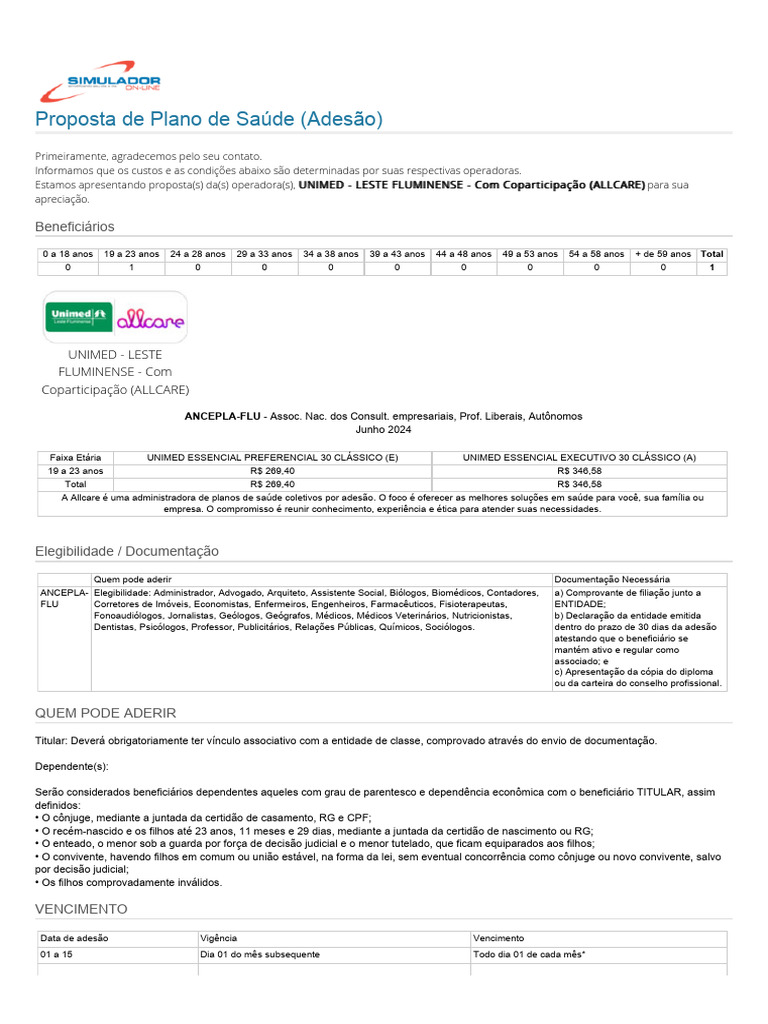 Proposta de Plano de Saúde (Adesão) Simulador - 1 | PDF