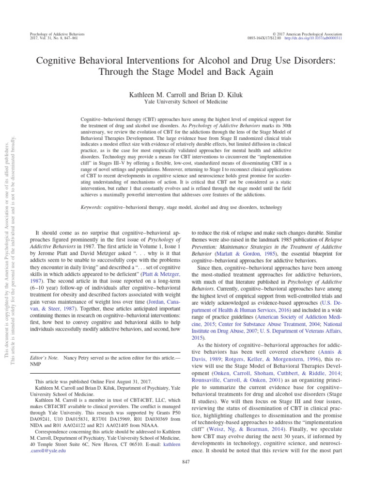 Cognitive Behavioral Interventions for Alcohol and Drug Use Disorders ...