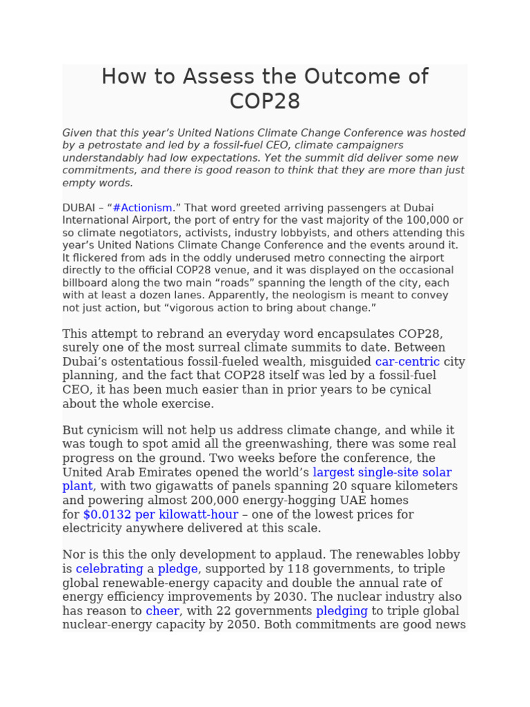 How To Assess The Outcome of COP28 | PDF | Renewable Energy | Fossil Fuels