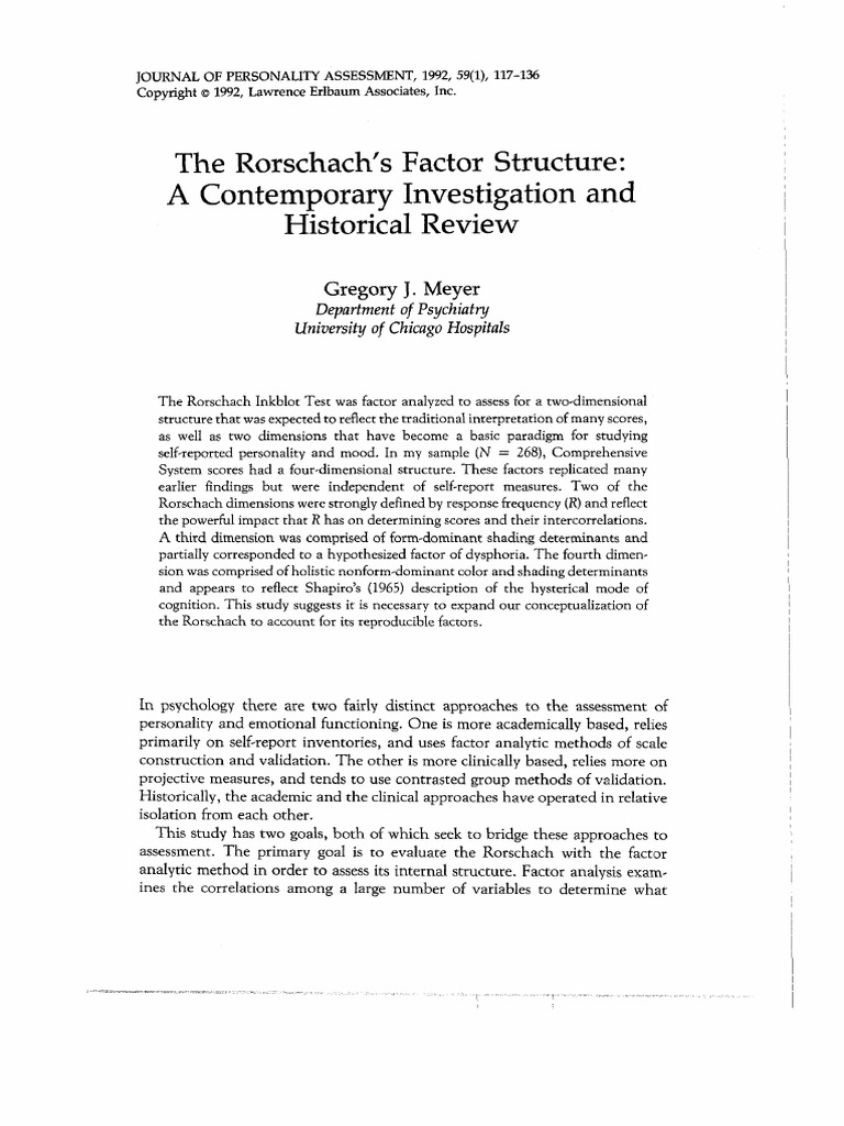 Meyer 1992 JPA Rorschach Factor Structure | PDF