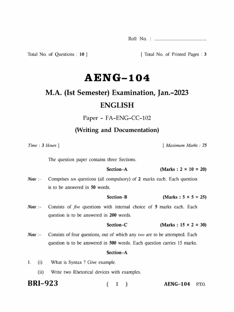 Ma 1 Sem English Writing and Documentation Aeng 104 2023 | PDF | Question | Human Communication