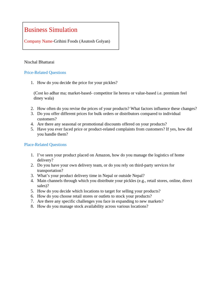 Price and Place Related Questionnaire | PDF