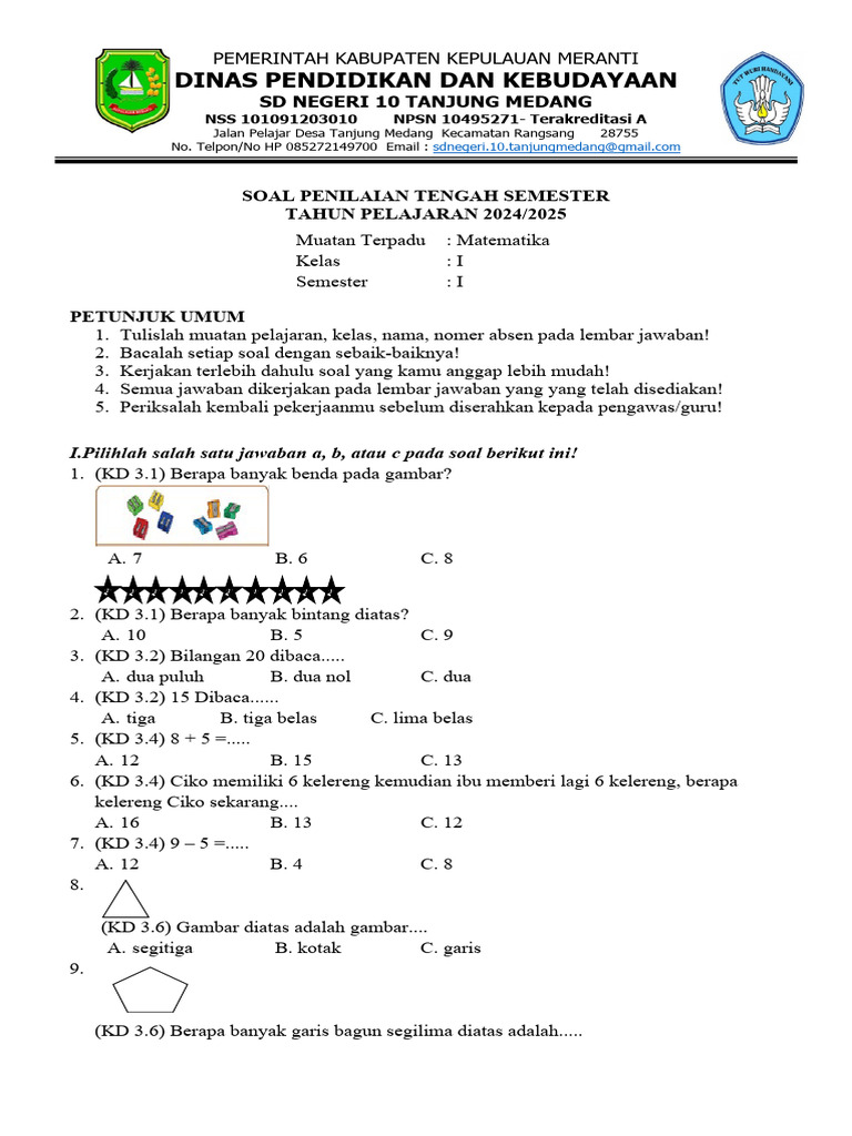 Soal Pts MTK Kelas 1 | PDF