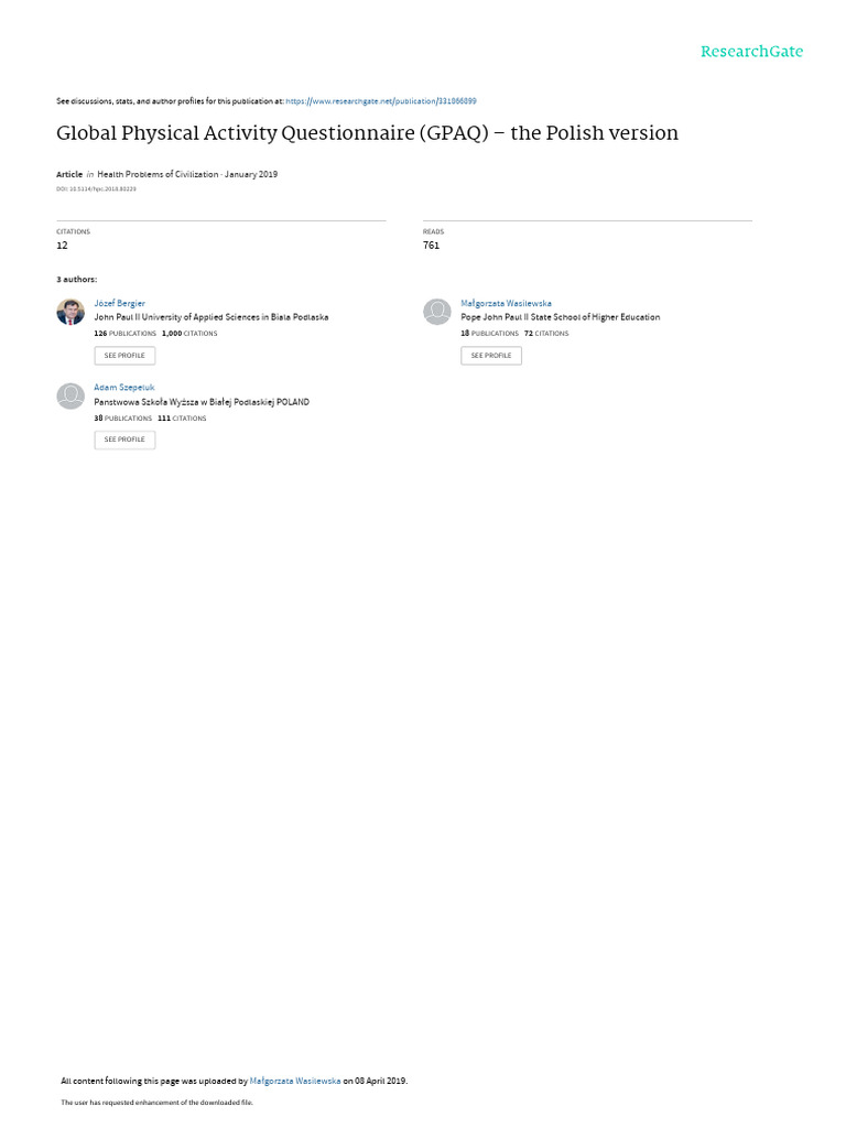 Global Physical Activity Questionnaire (GPAQ) | PDF