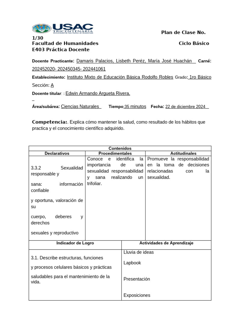 Plan de Clase diario bàsicos^.^ (1) (1) | PDF | Maestros | Cognición