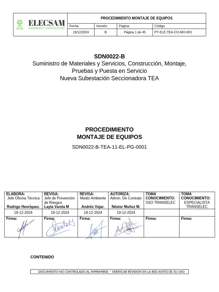 SDN0022-B-TEA-11-EL-PG-0001 PROCEDIMIENTO MONTAJE EQUIPO Rev.B - LVM. | PDF | Seguridad y salud ...