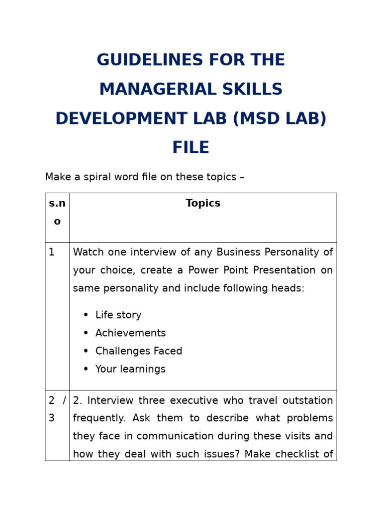 Guidelines For The Managerial Skills Development Lab | PDF