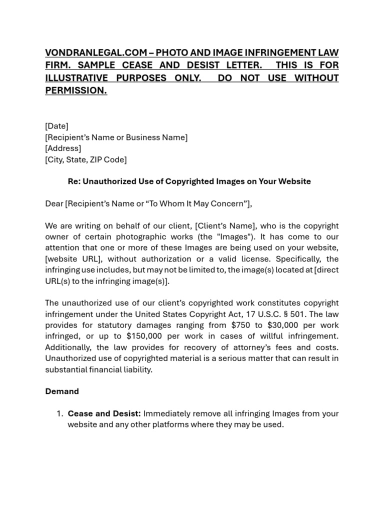 Vondran Legal Sample Photo Infringement Cease and Desist Demand Letter ...