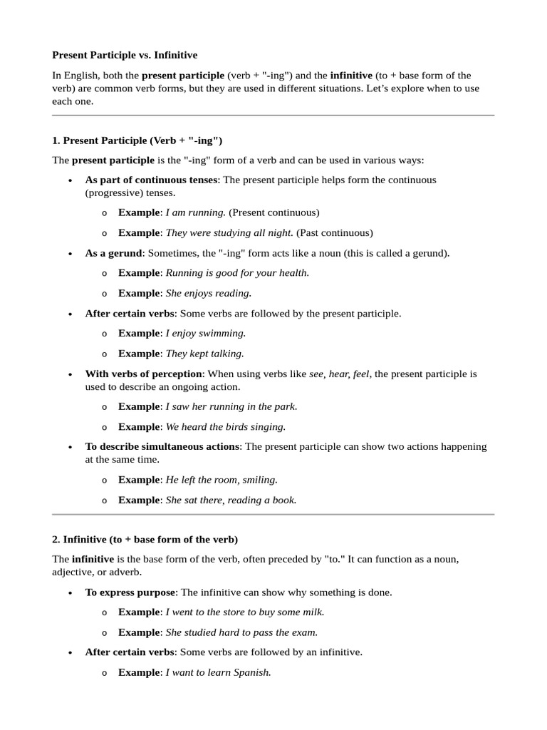 Present Participle and Infinitive | PDF | Verb | Adjective