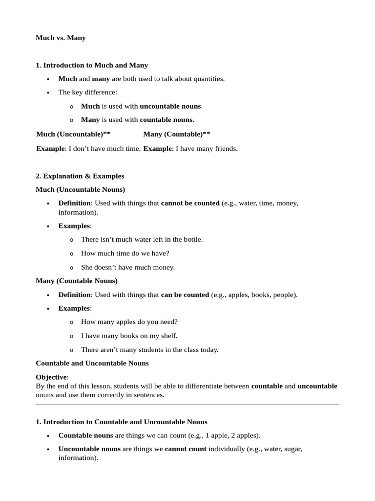 Much vs. Many | PDF | Noun | Plural