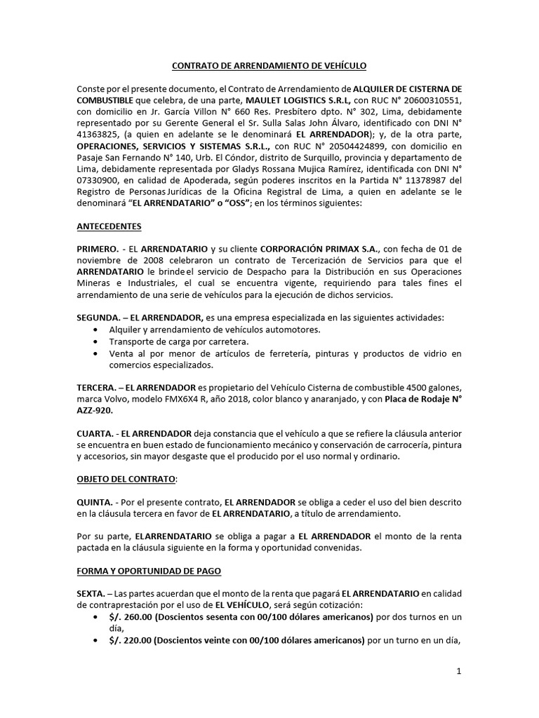 Contrato de Arrendamiento de Vehiculo - Maulet Logistics (Placa Azz-920 ...