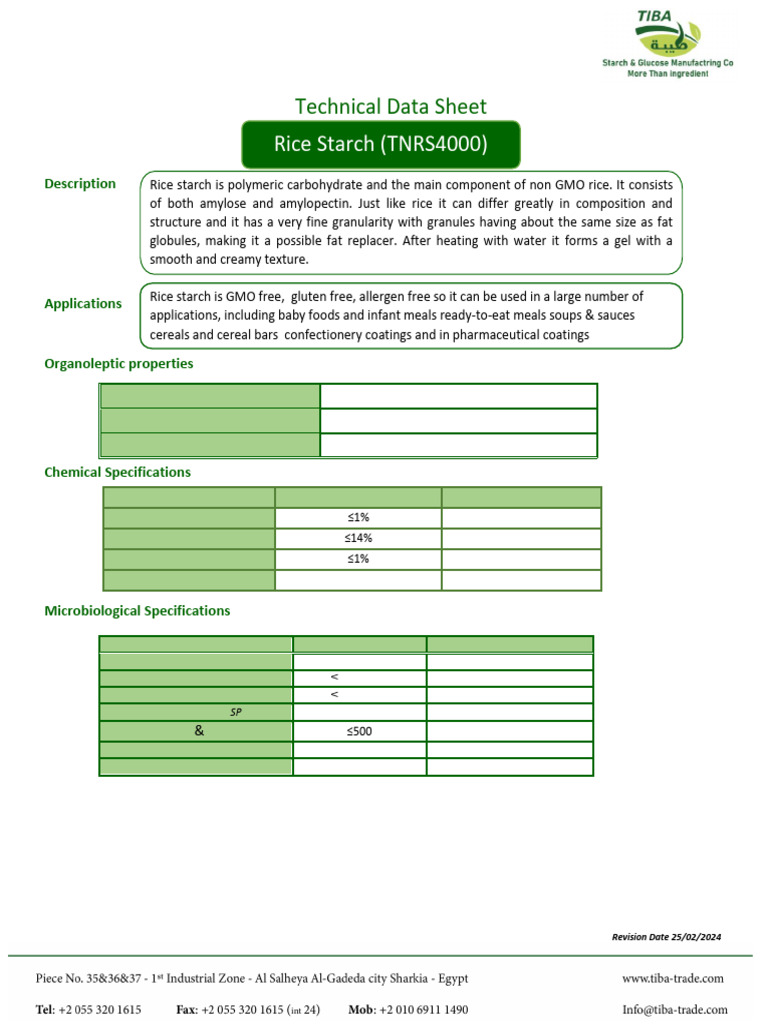 Native Rice Starch (TNRS4000) | PDF | Starch | Food Ingredients