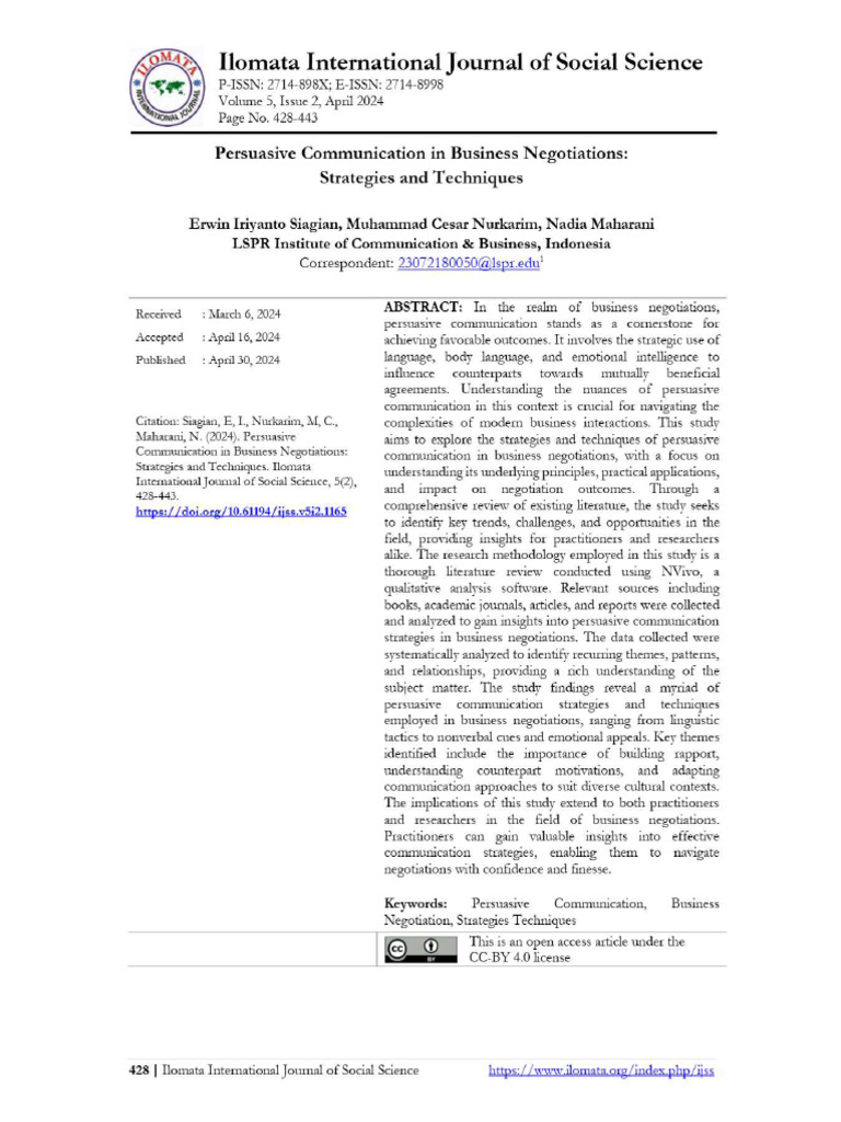 Persuasive Communication in Business Negotiations Strategies and Techniques | PDF