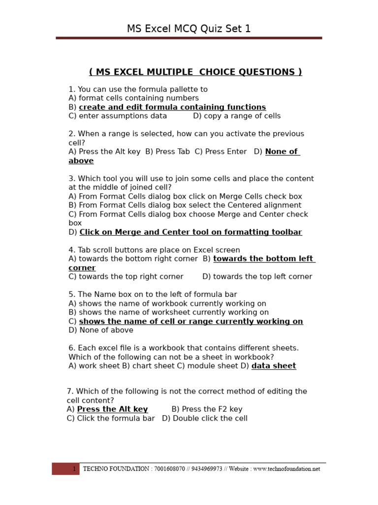 MS EXCEL MCQ - Doc | PDF | Microsoft Excel | Spreadsheet