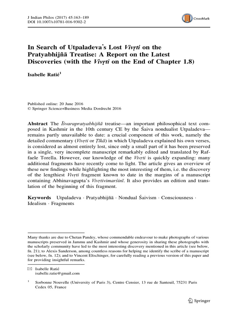 2016 - Isabelle Ratie - in Search of Utpaladeva's Lost Vivrti On The ...