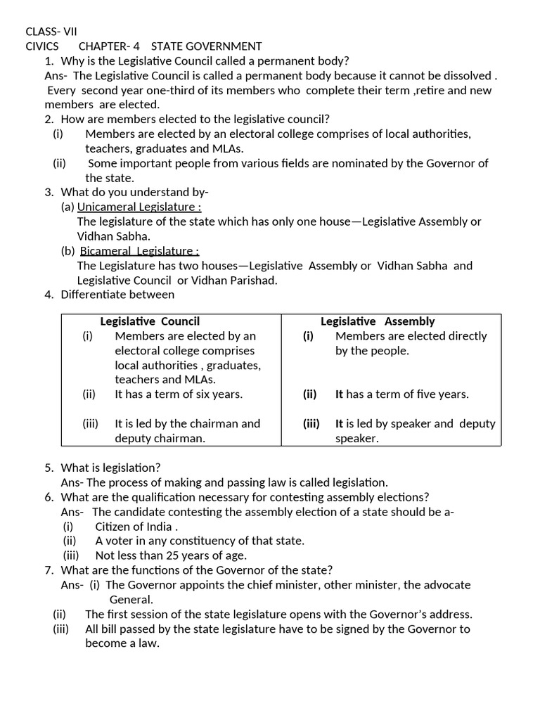 CLASS 7 CIVIC CH 4-1 | PDF | Bill (Law) | State Legislature (United States)