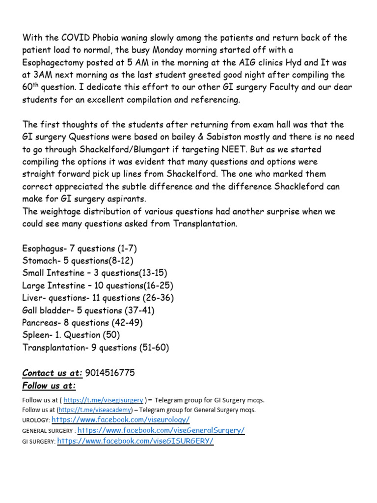 Vise 2020 GI Surgery | PDF | Multiple Choice | Surgery