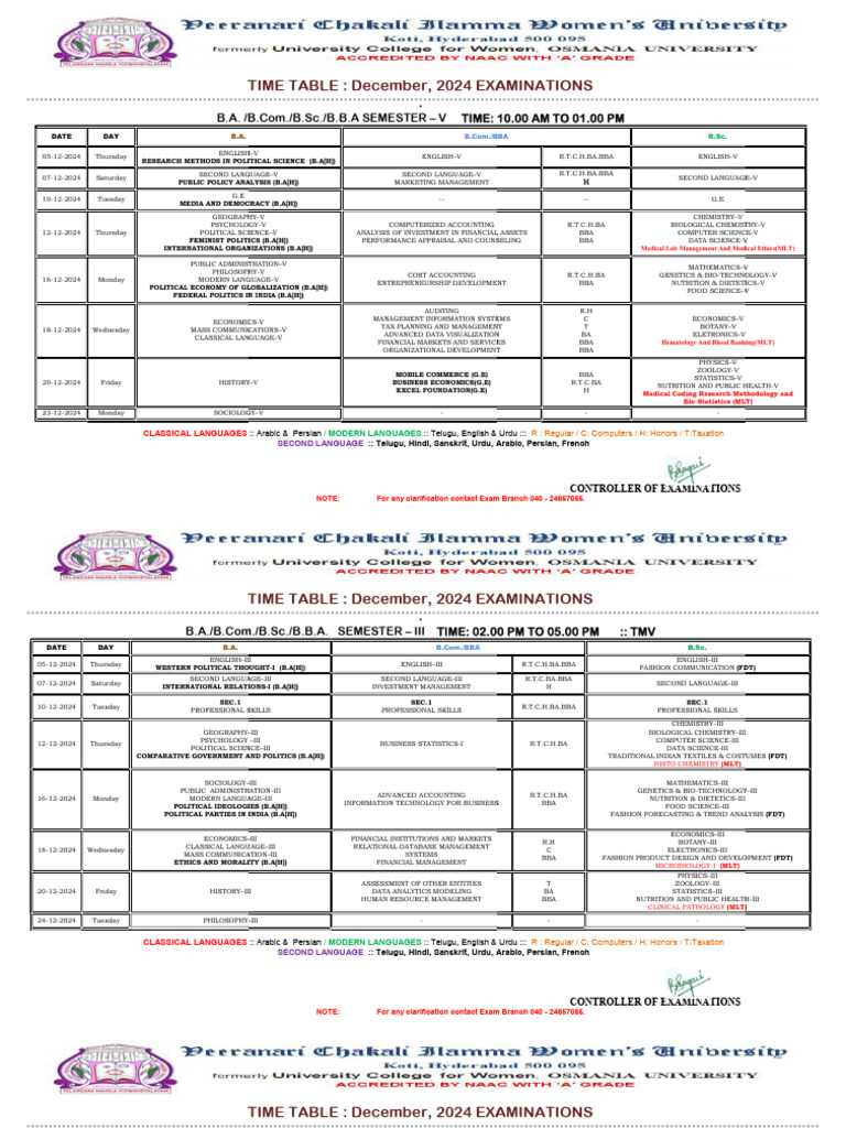 UG I, III & V Semester Exams Time Table - DeC 2024 | PDF | Science | Urdu