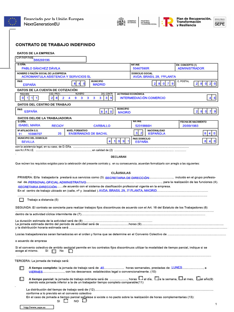 Contrato Isabel Maria Recioy Carballo-1-18 | PDF | Tiempo de trabajo ...
