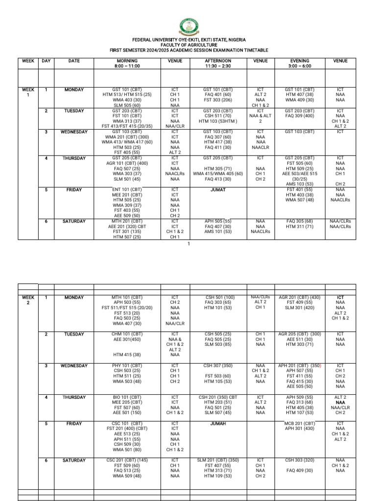 Draft FAAG 1st Sem. 2024 - 2025 Exam Timetable | PDF | Schools | Educational Institutions