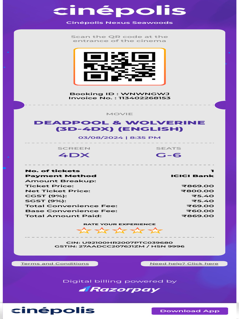 Deadpool & Wolverine 3D-4DX Ticket Invoice | PDF