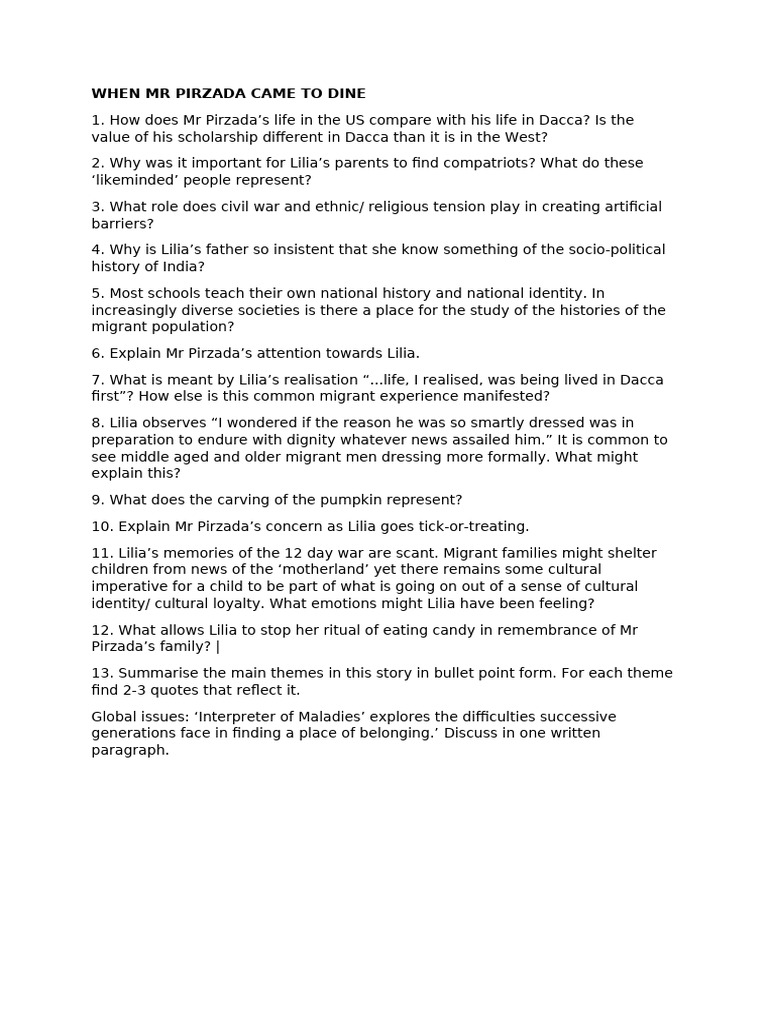 WHEN MR PIRZADA CAME TO DINE - discussion | PDF