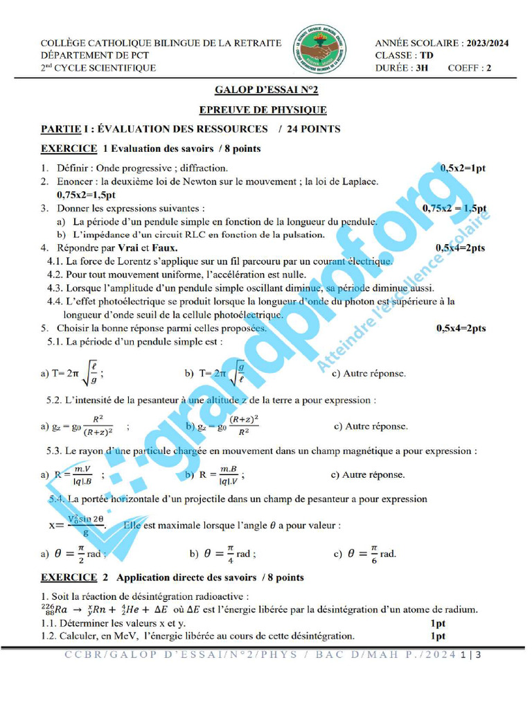 Physique TleD BAC Blanc College Retraite Mai 2024 | PDF