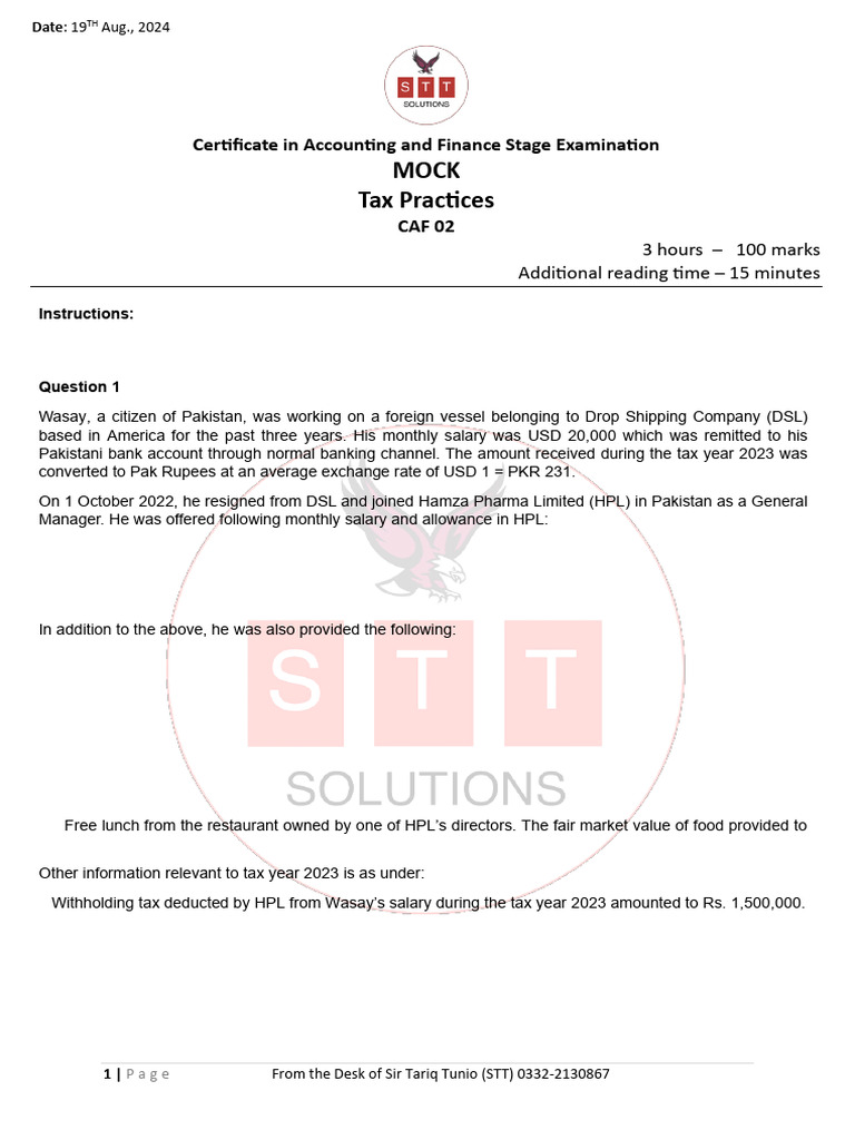 STT MOCK TEST Sept-24 QUESTION PAPER | PDF | Taxes | Cost Of Goods Sold