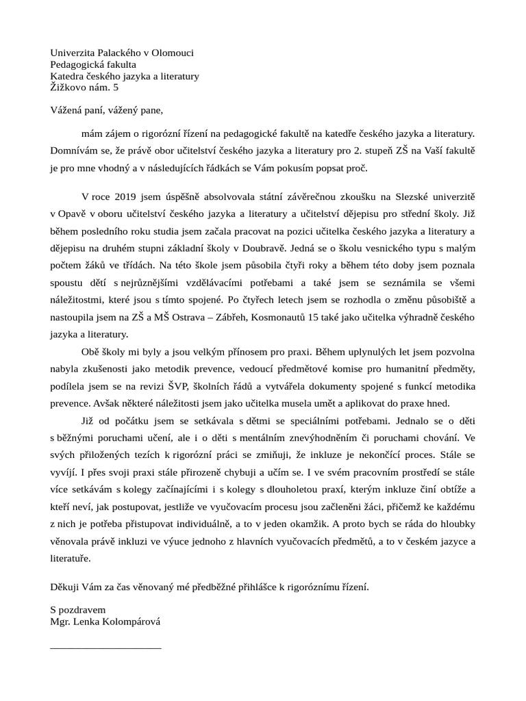 Vzor-Motivacni Dopis Na Vs | PDF