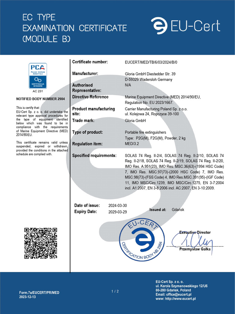 Gloria 2 KG Extinguishers Type Examination Cert | PDF