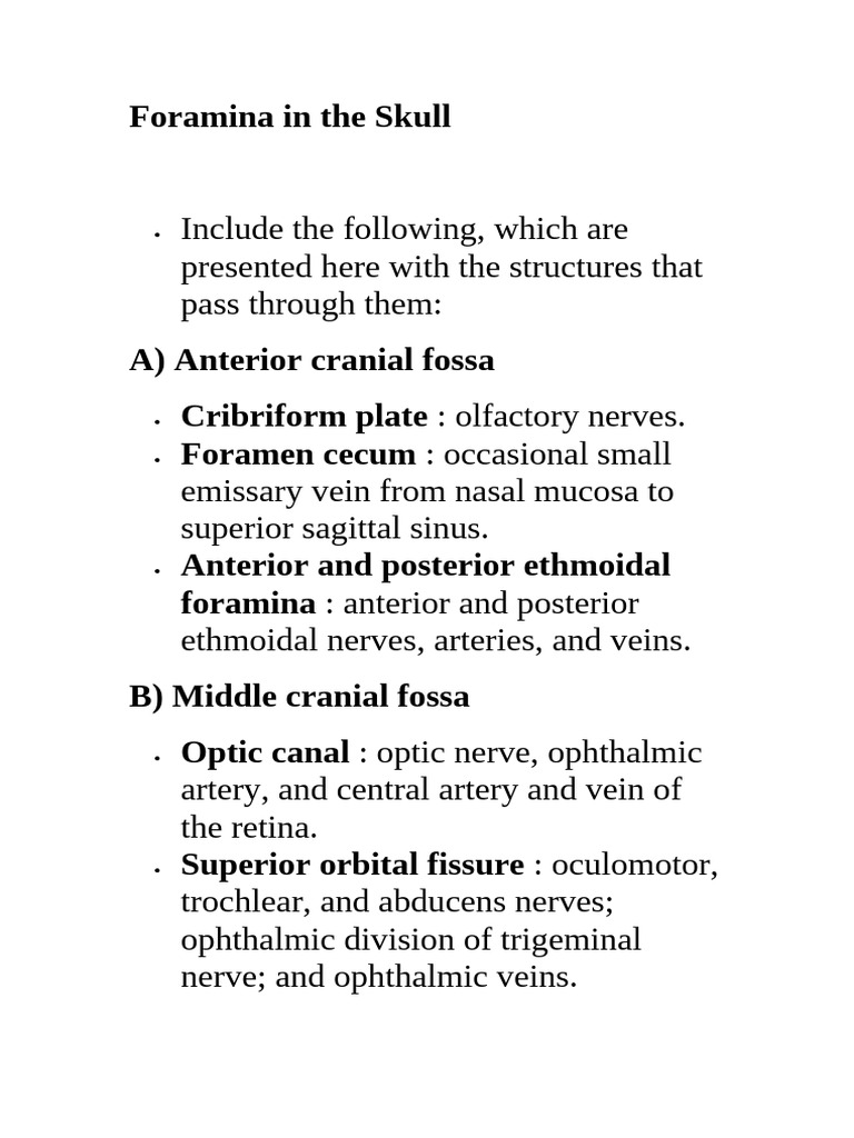 1-Foramina in The Skull | PDF | Otorhinolaryngology | Human Head And Neck