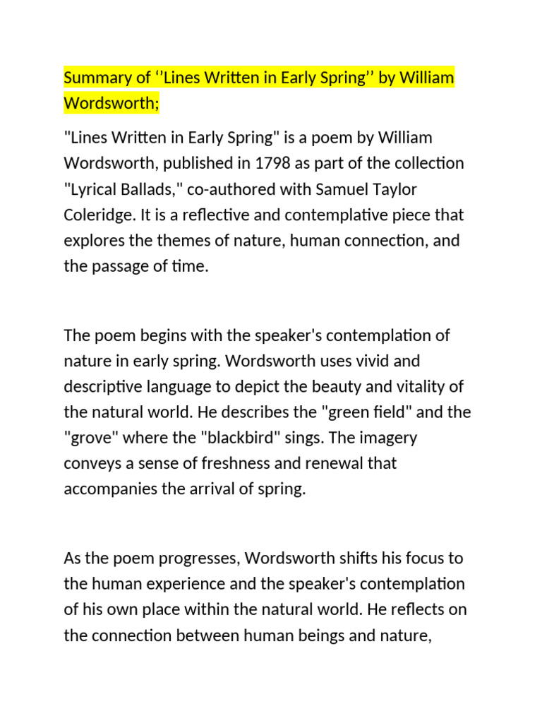 Summary of Lines Written in Early Spring | PDF