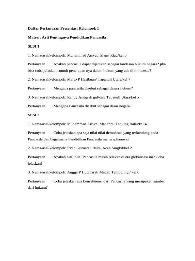 Daftar Pertanyaan Presentasi Kelompok 1 | PDF