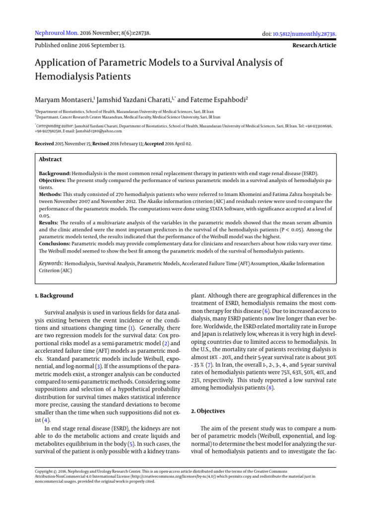 Application of Parametric Models To A Su | PDF | Hemodialysis ...