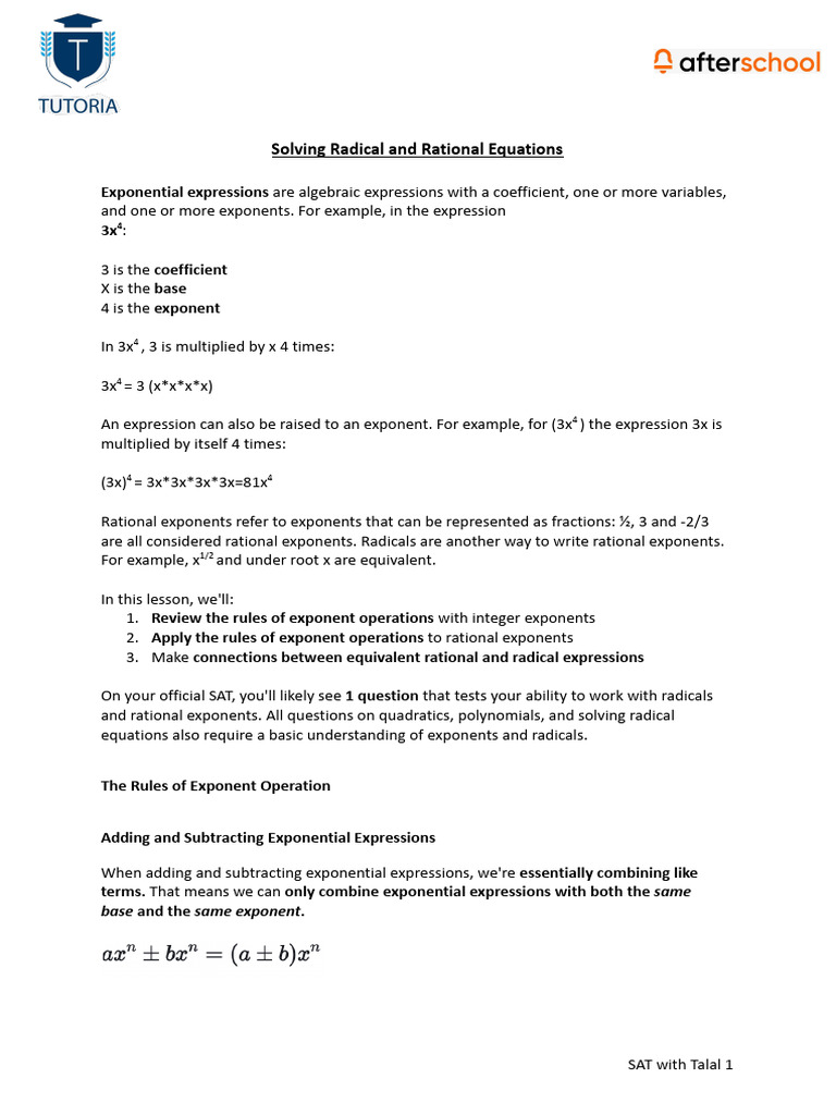 Solving Radical and Rational Equations | PDF | Exponentiation | Equations