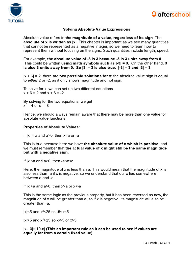 Solving Absolute Value Expressions | PDF | Equations | Mathematics
