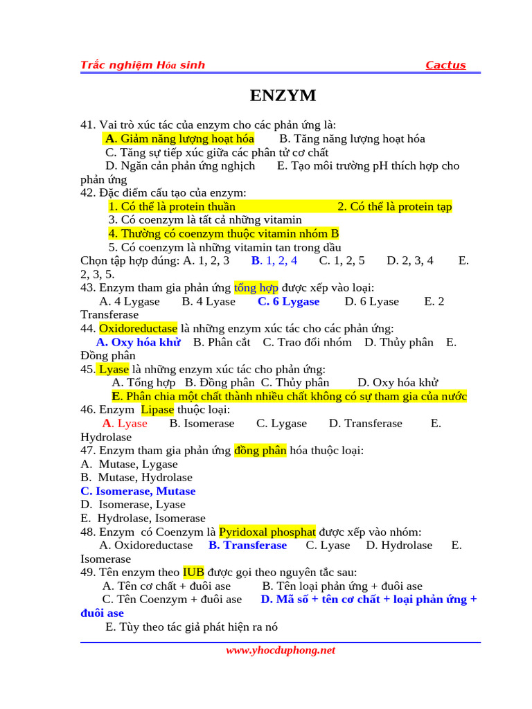 BAI 2 TRẮC NGHIỆM ENZYM 1 lần | PDF