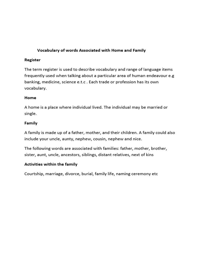 905 - Vocabulary of Words Associated With Home and Family | PDF