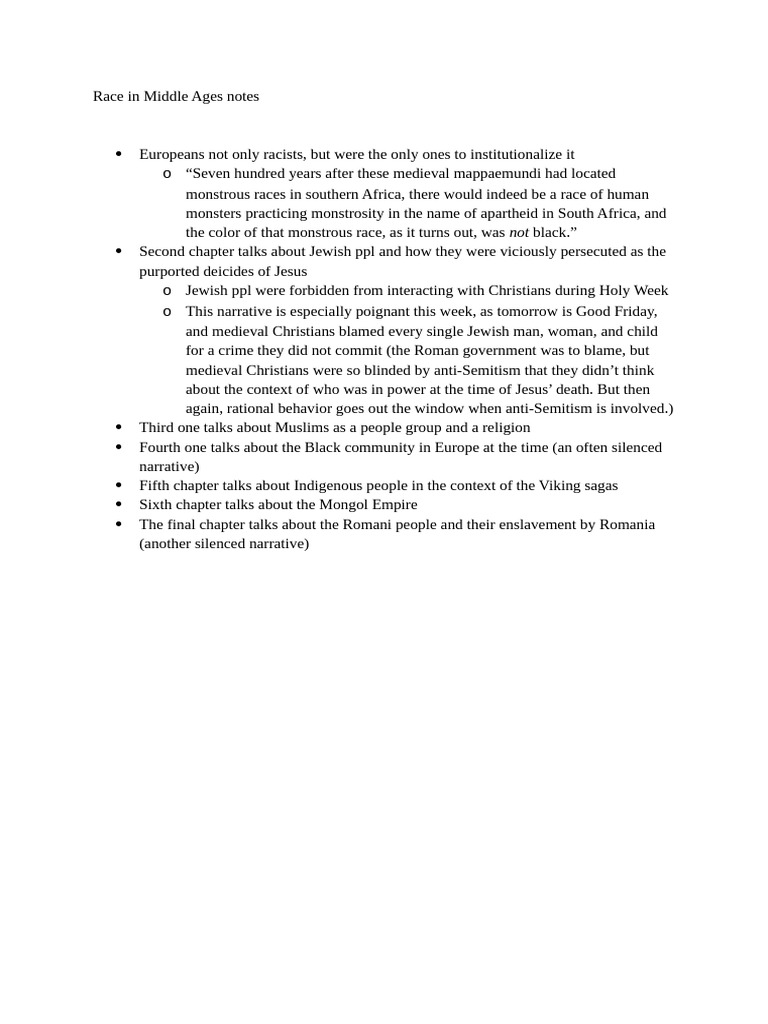 Race in Middle Ages Notes | PDF