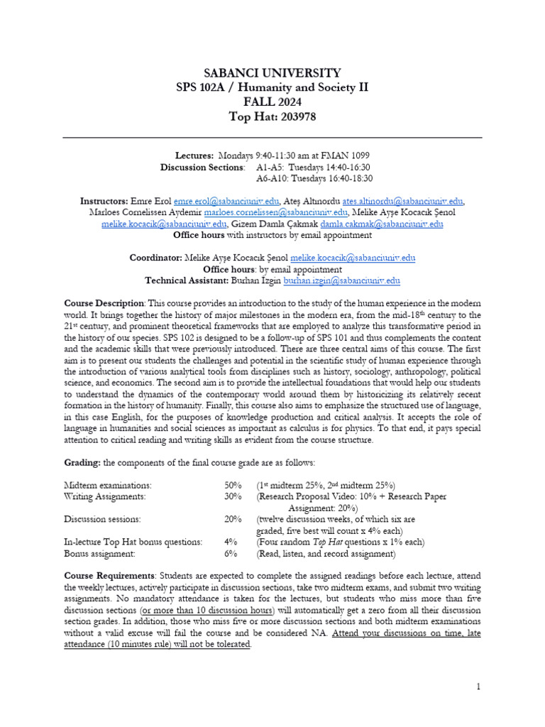 Sabanci Univ. SPS 102A Course Guide | PDF | Science