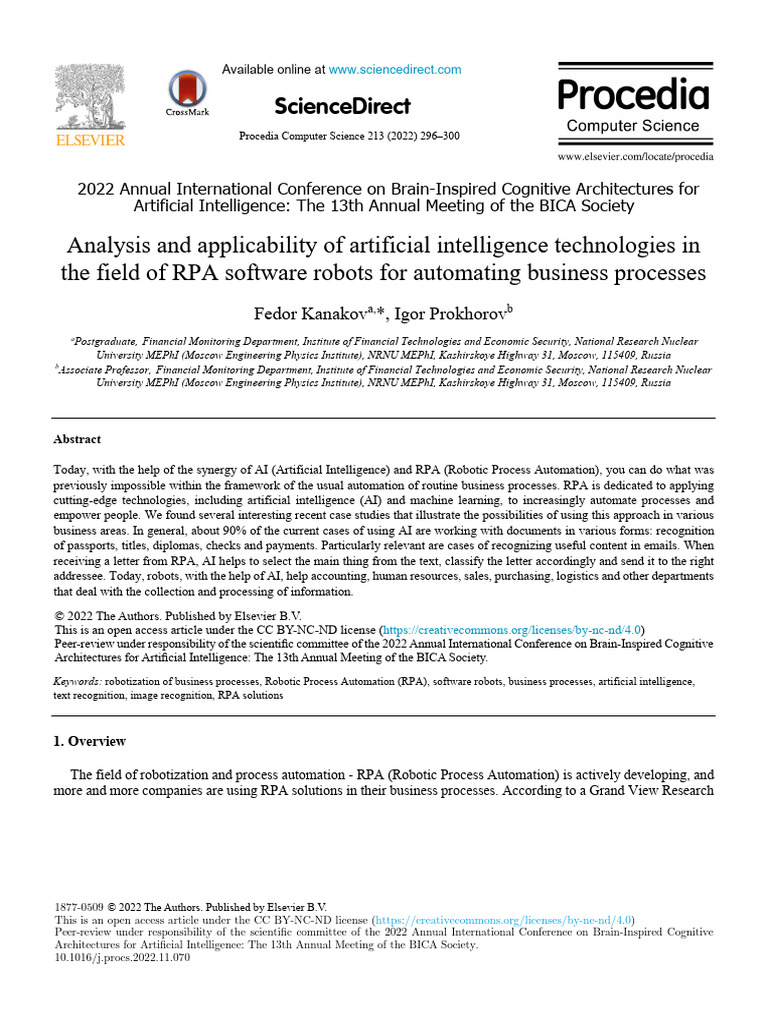 Analysis and Applicability of Artificial Intelligence Techno - 2022 - Procedia C | PDF | Optical ...